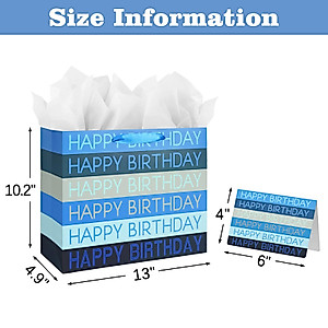 13" Large Happy Birthday Gift Bag with Tissue Paper,Card and Handles for Men Boy Kid Birthday Party (Blue Stripes)