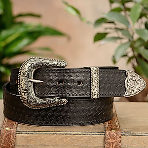 BullhideBelts.com Men's Leather Basket Weave Western Belt, 1.5” Wide, Black, 38“