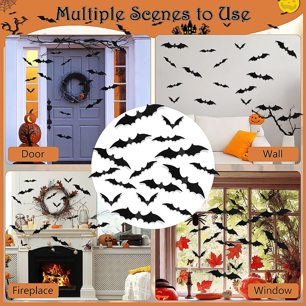 ZYFLSQ 120 Pcs Bats Wall Decor Halloween Decorations, 3D Bat Stickers for Home Decor 4 Size Scary Black Spooky Bats Party Supplies