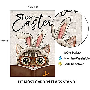 Happy Easter Garden Flag for Outdoor 12x18 Double Sided,Religious Cat with Bible Rabbit Ears Small Yard Flag,Seasonal Decors for Spring Farmhouse Holiday Outside