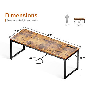 Coleshome 71 Inch Computer Desk with USB Ports, Large Office Desk, Long Study Student Writing Desk, Rustic Brown