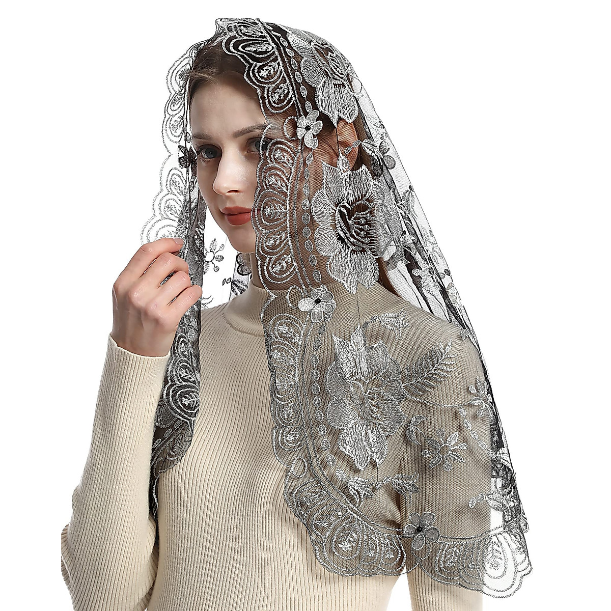 Bozidol Catholic Chapel Mantilla Veil Floral Embroidery Spanish Lace Scarf Church Mass Veil for Women (Sliver Black)