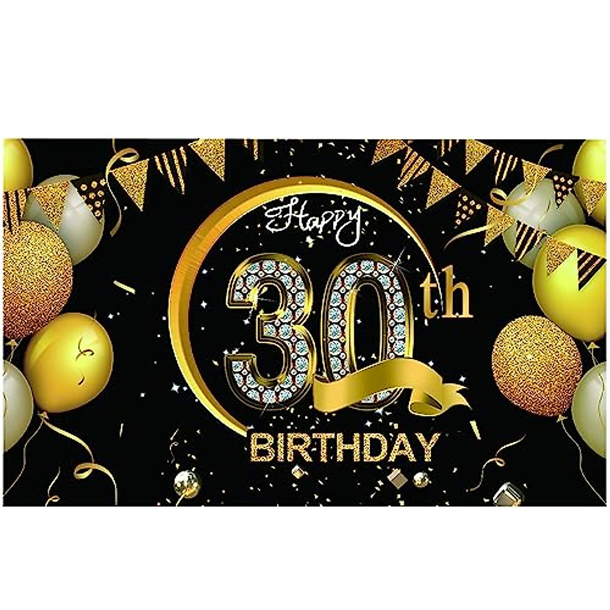 Happy 30th Birthday Banner for Men/Women, Black Gold 30th Birthday Decorations, 30th Birthday Poster Sign, 30th Birthday Party Photo Booth Props (70.8in x 43.3in)