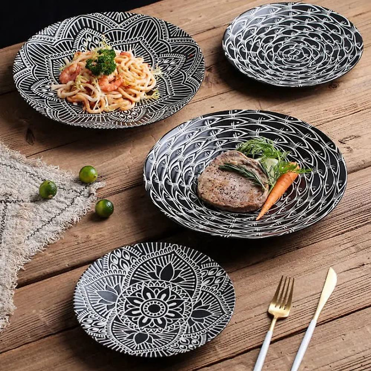 MAXLYA Bone China Plate, Japanese Set Tableware Straw Hat Western Food Plate Creative Embossed Fish Plate Pasta Plate Dessert Plate, Stackable & Dishwasher Safe (Set of 4/8'')