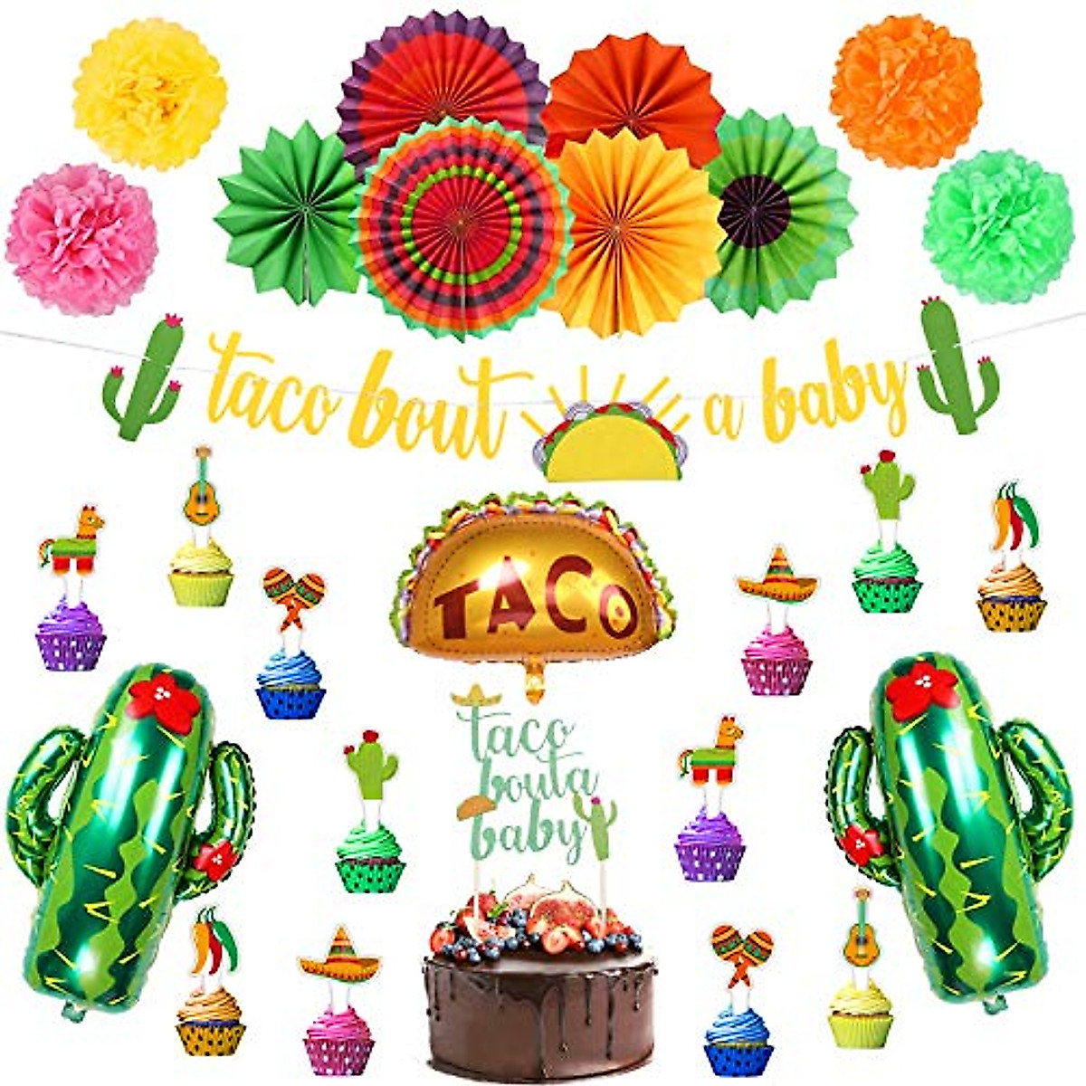 Ayamuba Taco Bout a Baby Decoration,Mexican Birthday Party Decoration with Fiesta Paper Fans, Taco Bout a Baby Banner, Cactus Balloons for Fiesta Baby Shower Decoration, Wedding Décor