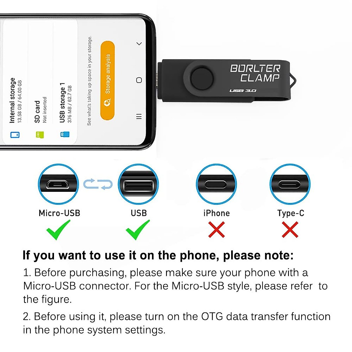 BorlterClamp 128GB USB 3.0 Flash Drive Dual Port Memory Stick, OTG Thumb Drive with Micro USB Drive Port for Android Smartphone Tablet & Computer (Black)