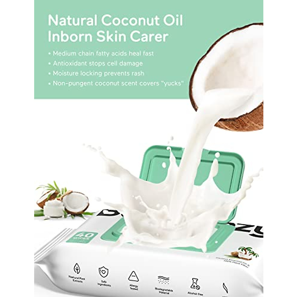 Baby Wipes, Cleansing & Moisturizing 2-in-1 Babycozy Sensitive Baby Wipes, 100% Plant Fiber & 100% Biodegradable, Hypoallergenic Baby Coconut Wipes Moisturize Every Cleanse, 240 cnt (6 pack)