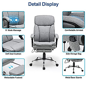HOMREST Reclining Chair with Massage, Ergonomic Office Breathable Fabric Executive Computer Chair w/Retractable Footrest, High Back Swivel Recliner for Office Home Study