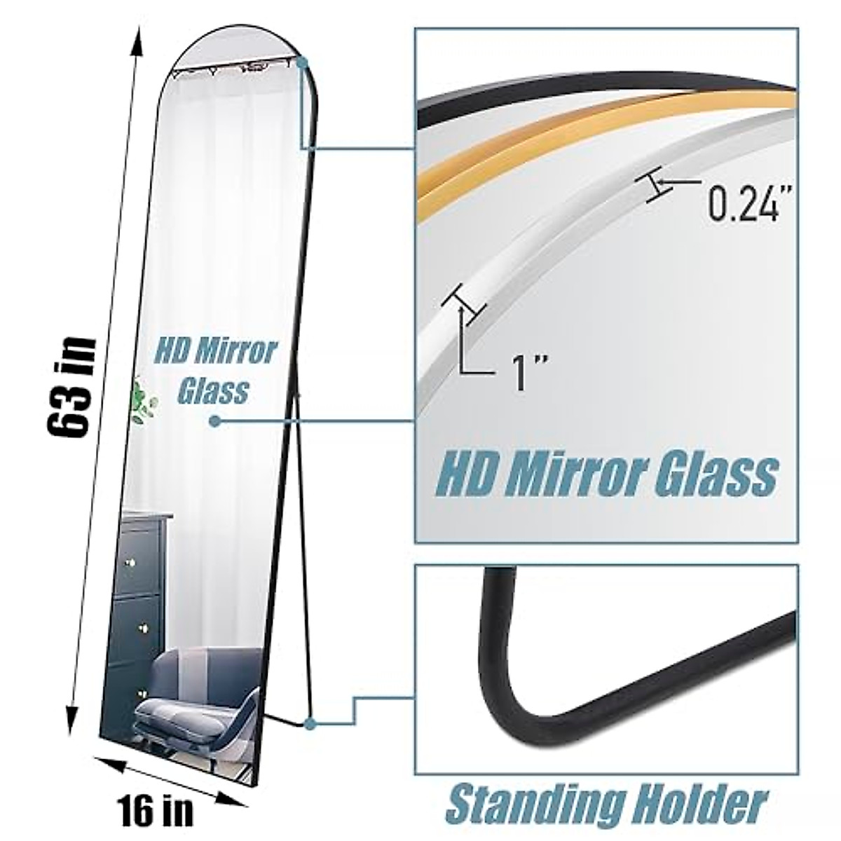 SCWF-GZ 63x16 Mirror Full Length Floor HD Glass Aluminum Metal Frame Dressing Arch Mirrors Wall Mounted or Standing for Entryway Bedroom Living Room 63 16 inch Black