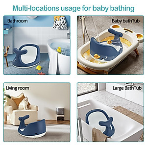Whale Shape Baby Bath Seat – 3 Bath Toys + Bath Brush + Shower Cap – Ergonomic Backrest – Elastic and Breathable – 4 Strong Non-Slip Suction Cups – Ideal Gift! (Blue)