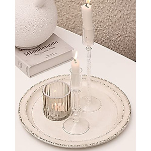 RM ROOMERS White Round Wooden Tray, Decorative Round Tray with Tiny Bead Stringing, Coffee Table Tray Circle, White Round Serving Tray for Living Room, Farmhouse