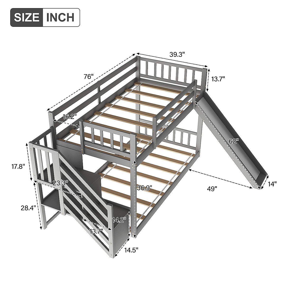 Harper & Bright Designs Twin Bunk Beds with Slide for Kids, Low Profile Bunk Beds with Staircase, No Box Spring Needed