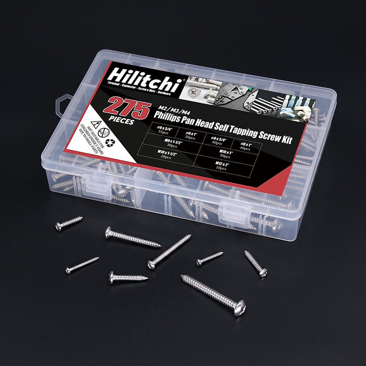 Hilitchi 275-Piece Stainless Steel Phillips Round Pan Head Self Tapping Screw Assortment Kit (Round Pan Head)