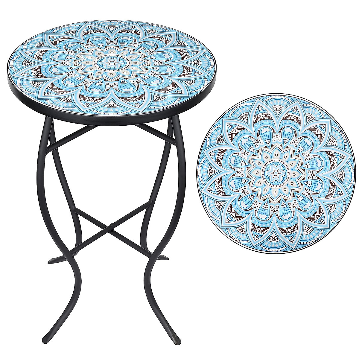 Vipush Mosaic Outdoor Side Table, 14" Round Folding End Table, Patio Accent Table Indoor Plant Stand for Living Room,Geramic Table Top Black Iron,Light Blue