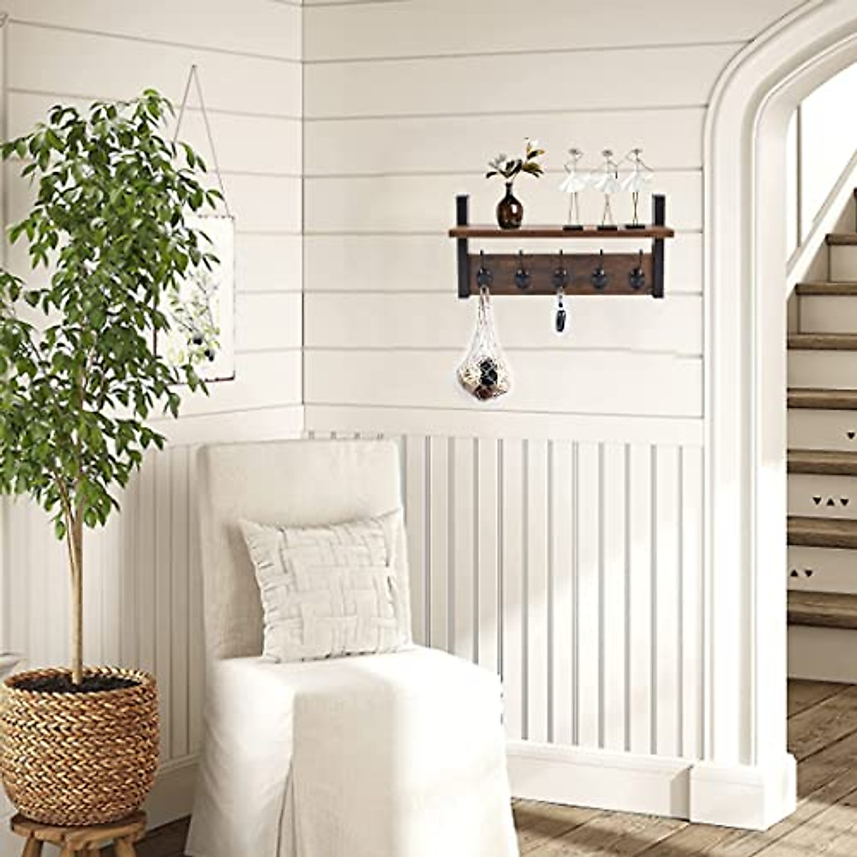 Dilyvoli Coat Hooks with Shelf Wall Mounted,Rustic Wood Entryway Shelf with 5 Metal Hooks,Hanging Shelf Mounted Coat Rack and Upper Shelf for Storage,Bathroom,Bedroom,Kitchen,Living Room,Mudroom