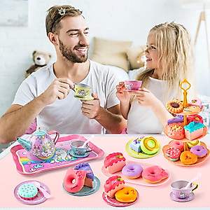 Juboury Tea Party Set for Little Girls, Pretend Tin Teapot Set with Dessert, Doughnut, Cake Stand, Tablecloth & Carrying Case, Princess Tea Time Kitchen Pretend Play Toy for Girls Age 3 4 5 6
