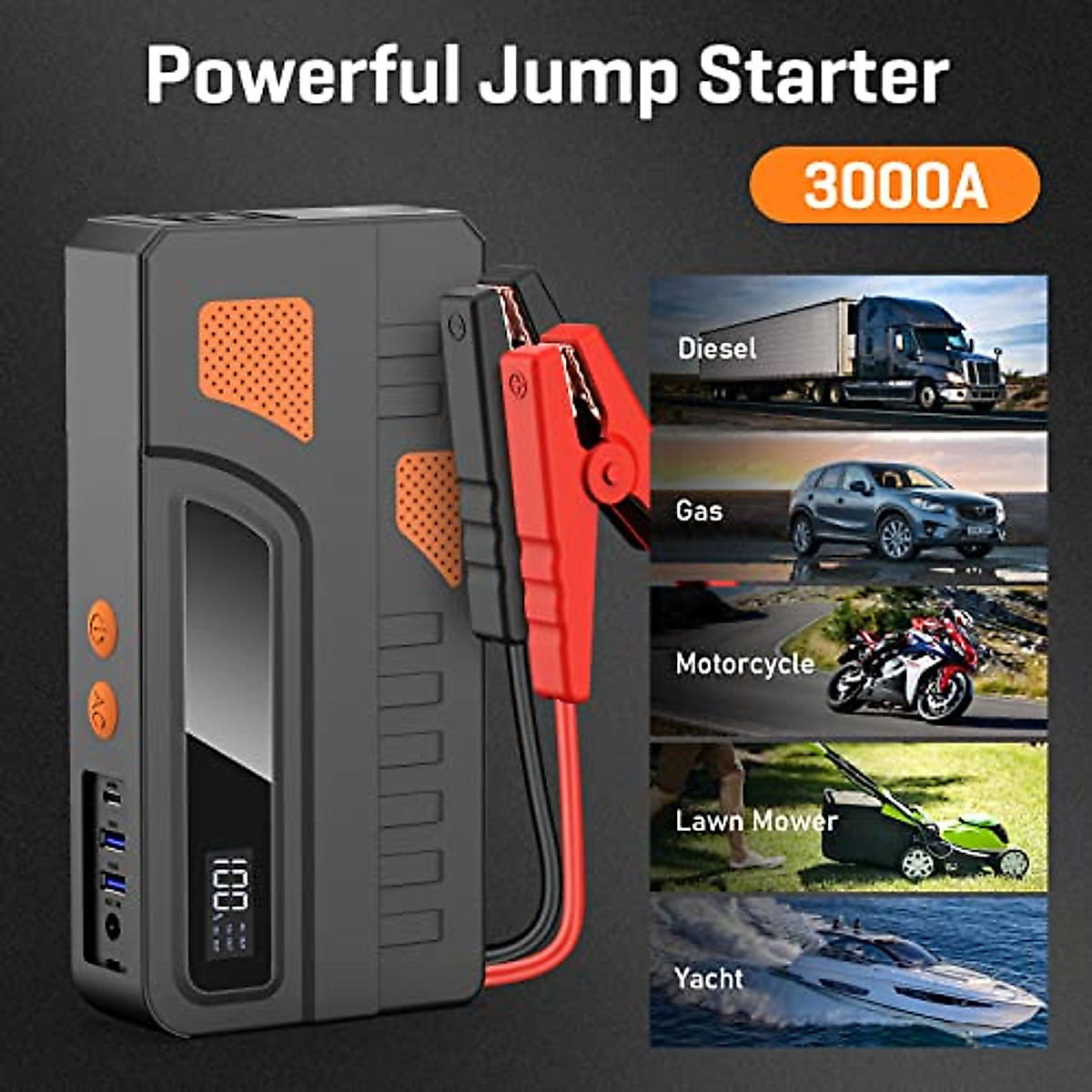 3000A Portable Car Jump Starter 66000mWh Battery Pack Booster Charger Power Bank Portable Phone Laptop Charger with AC Outlet Jumper Starter for 12V Car Motorcycle