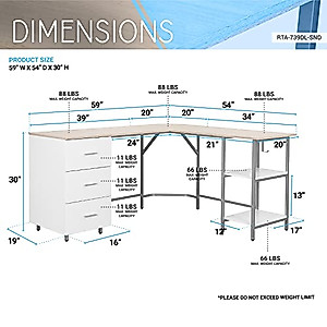 Techni Mobili L Shaped Desk - Two-Toned Computer Desk with Drawers & Storage Shelves - Simple Modern Furniture & Home Office Space Corner Table for Work & Writing