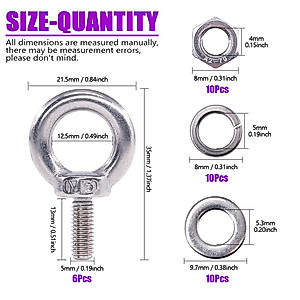 36Pcs 304 Stainless Steel M5 Male Thread Lifting Ring Eye Bolt Kit, Including 6Pcs M5 Eye Bolt with 10Pcs Lock Nuts, 10Pcs Lock Washers and 10Pcs Flat Washers