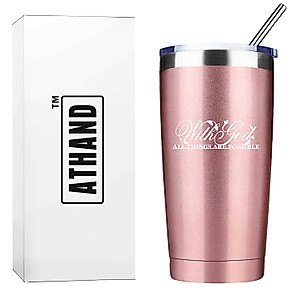 ATHAND With God All Things Are Possible Inspirational Tumblers with Lid & Straw 20 Oz | Insulated Stainless Steel Vacuum Wine Tumbler Coffee Mug | Best Christian Religious Gifts For Women (Rose Gold)