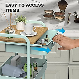 Aratan Utility Rolling Cart with Table Top, 3 Tier Metal Storage Cart with Drawer, Kitchen Organizer Cart with Handle and Locking Wheels for Bathroom Office Balcony Living Room (Light Green)