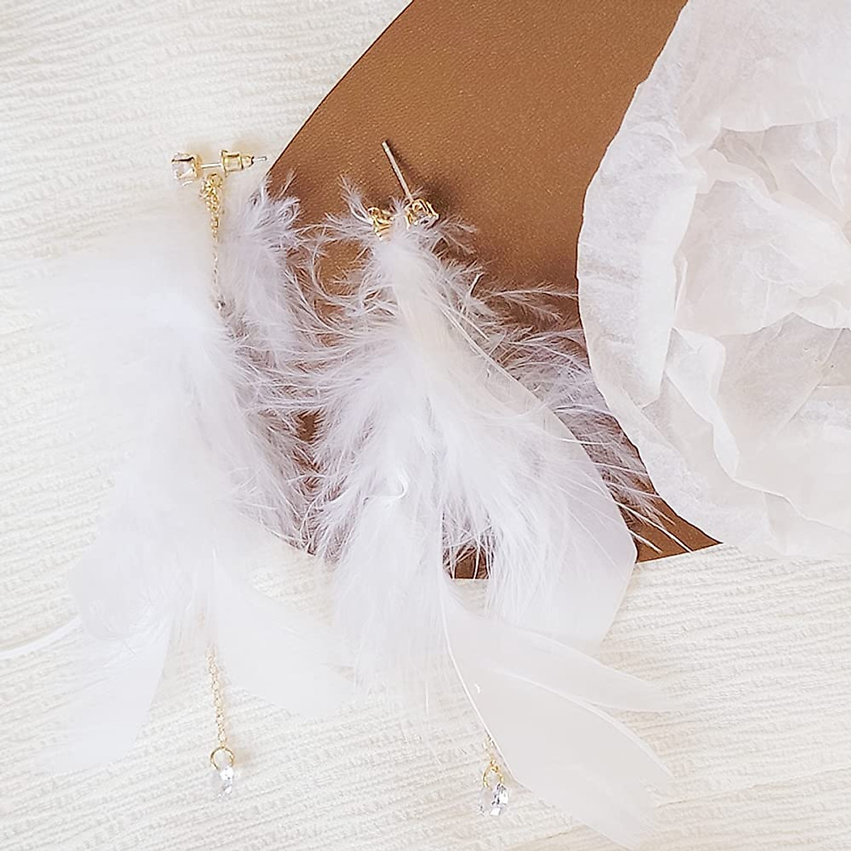 Jemant White Feather Earrings For Women Boho Style Long Faux Pearl Tassel Chain Cubic Zirconia Dangle Drop Aesthetic Elegant Black Feather Earrings For Bride Mothers Wife (White)