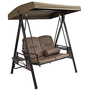 Sunnydaze Outdoor Porch Swing Loveseat with Adjustable Canopy and Steel Frame, Cushions and Pillow Included, 2-Person Patio Seater, Beige