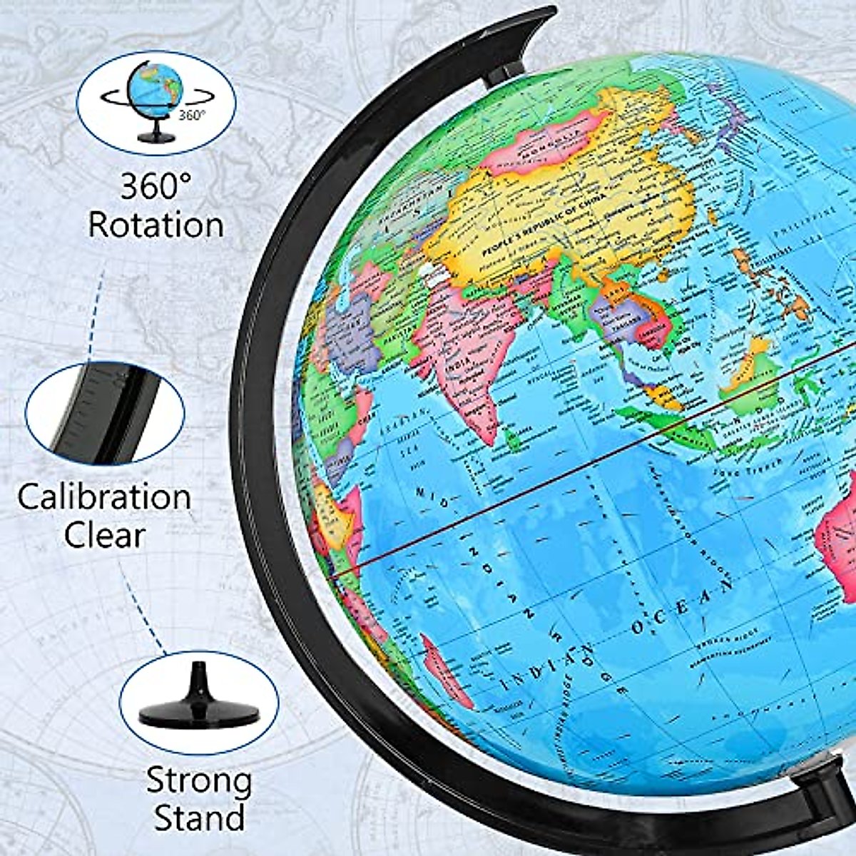 World Globe with Stand, 13" Desk Classroom Decorative Globe for Students & Geography Teachers, 360° Horizontal Rotation, Full Length 19.7 inch World Globe Map with Clear Text Markings, Blue