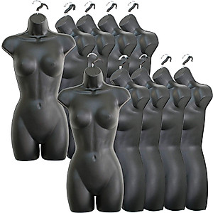 DisplayTown Black Female Mannequin Hip Long Hollow Back Body Torso Dress Form & Hanging Hook, S-M Sizes (10 Pack)