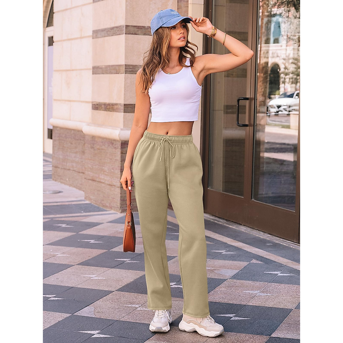 AUTOMET Women's Wide Leg Sweatpants Fleece Lined Baggy Straight Leg Lounge Pants Fall Outfits Athletic Joggers with Pockets Beige L