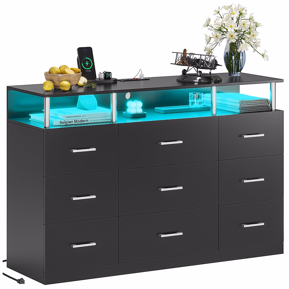 VIAGDO 9 Drawer Dresser with Charging Station, LED Chest of Drawers with Column Design and Open Storage Space, Large Capacity Modern Black Dresser, Wide Drawer Organizer Cabinet for Bedroom, Closet