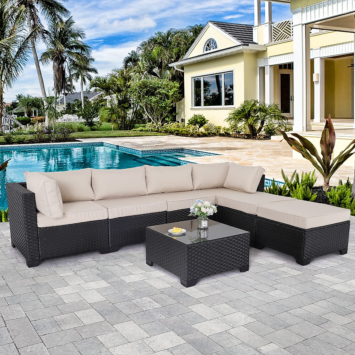 Lviden 7 Pieces Outdoor PE Wicker Furniture Set Patio Rattan Sectional Conversation Sofa Set with Khaki Cushions and Glass Top Table