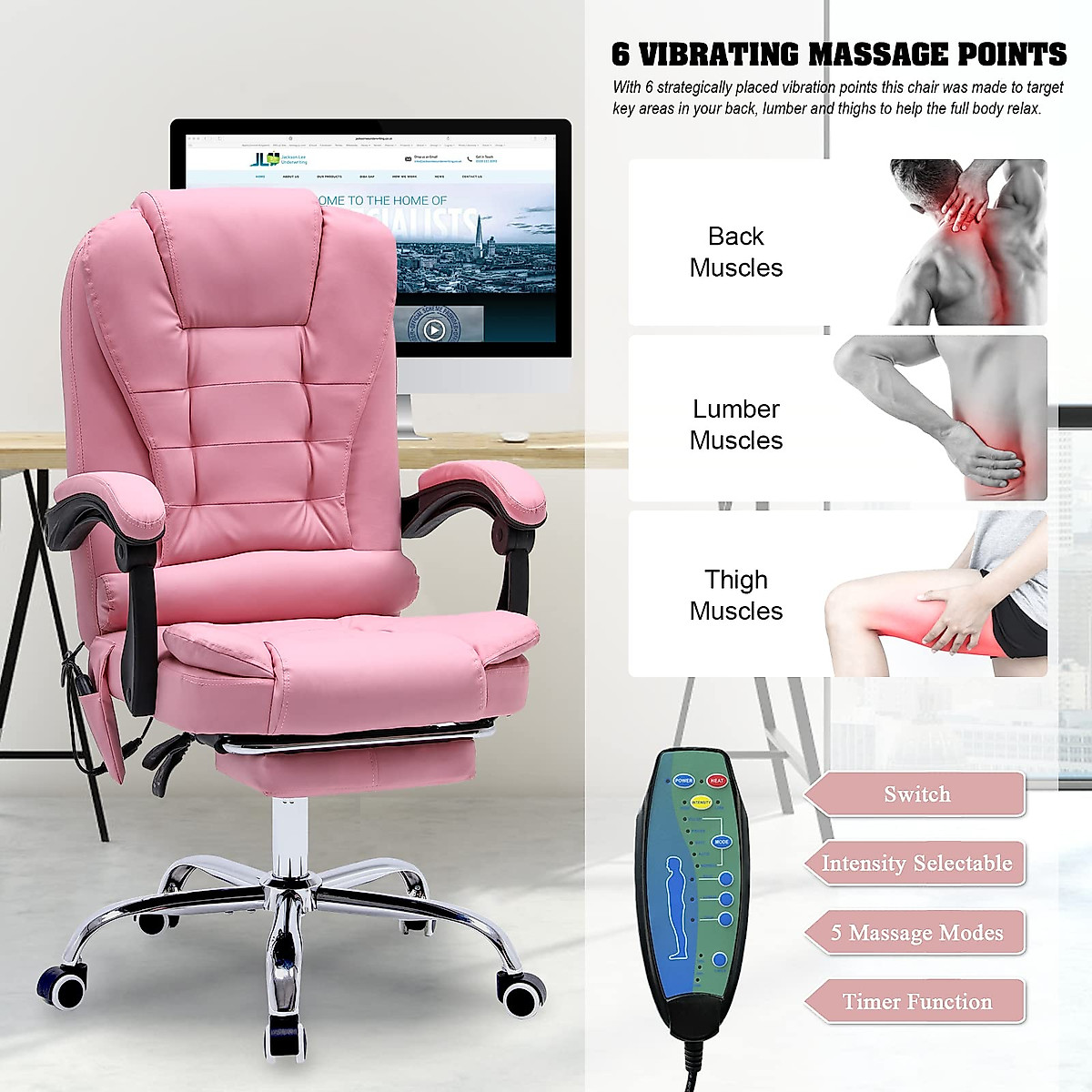 ONPNO Reclining Office Chair with Massage, Ergonomic Office Chair w/Foot Rest, PU Leather Executive Computer Chair w/Heated, Padded Armrest, High Back Swivel Recliner for Office Home Study (Pink)