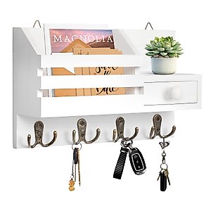 HOMEBROS Key Mail Holder for Wall, White Wooden Key Mail Organizer with Drawer Wall Mount Key Rack with Shelf Key Storage Hanger with 8 Key Hooks for Entryway Hallway 2 Installation Methods