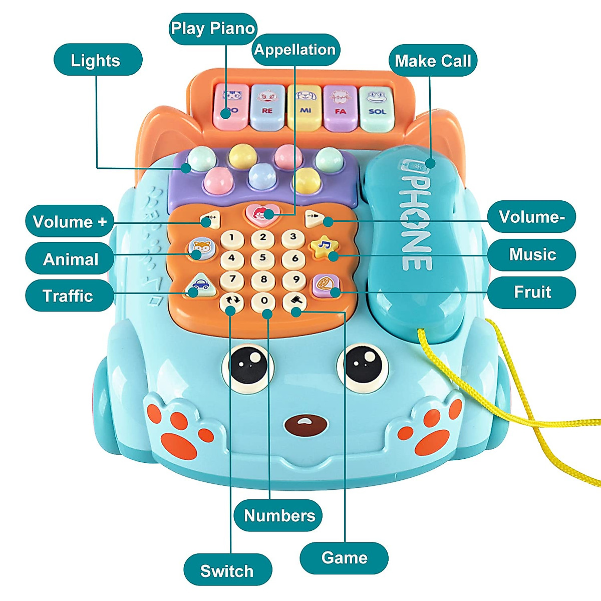 Chirldren Telephone Toy Cartoon Simulated Landline Smartphone Drag Function Call Play Piano Early Education Music Learn Hit Hamster Children Enlightenment Brain Toys Creative Gift for Kids Blue