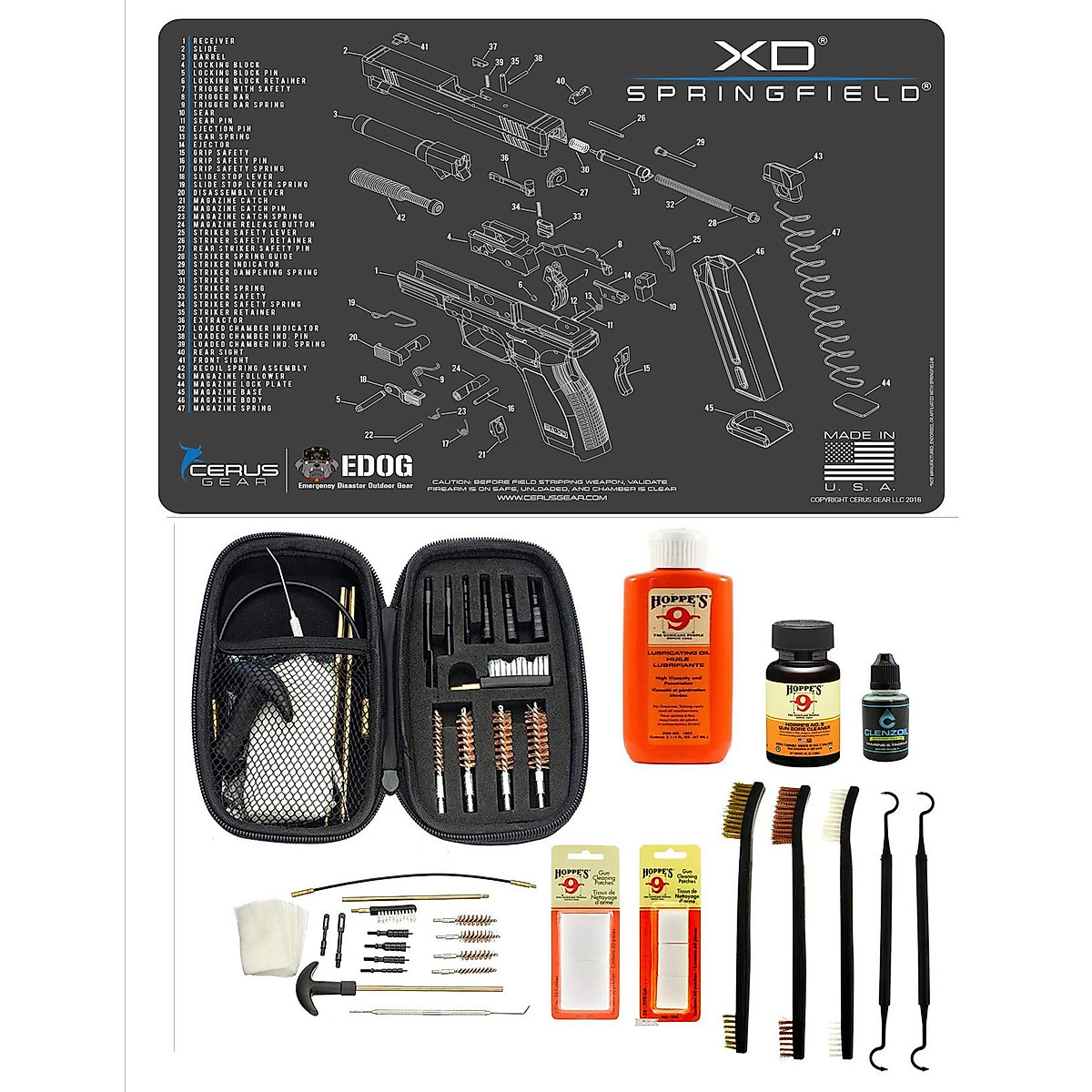 EDOG Range Warrior 27 Pc Gun Cleaning Kit - Compatible with Springfield Armory XD - Schematic (Exploded View) Mat, Range Warrior Universal .22 9mm - .45 Kit & Tac Book Accessories Set