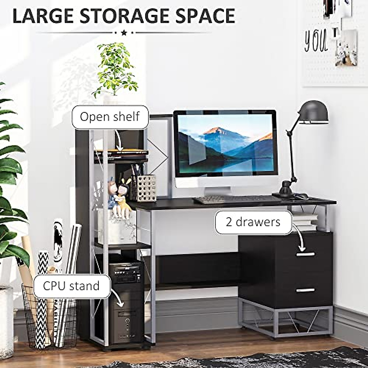 HOMCOM 52" Modern Computer Desk with Storage Shelves and Drawers, Home Office Desk, Study Workstation with CPU Stand, Black