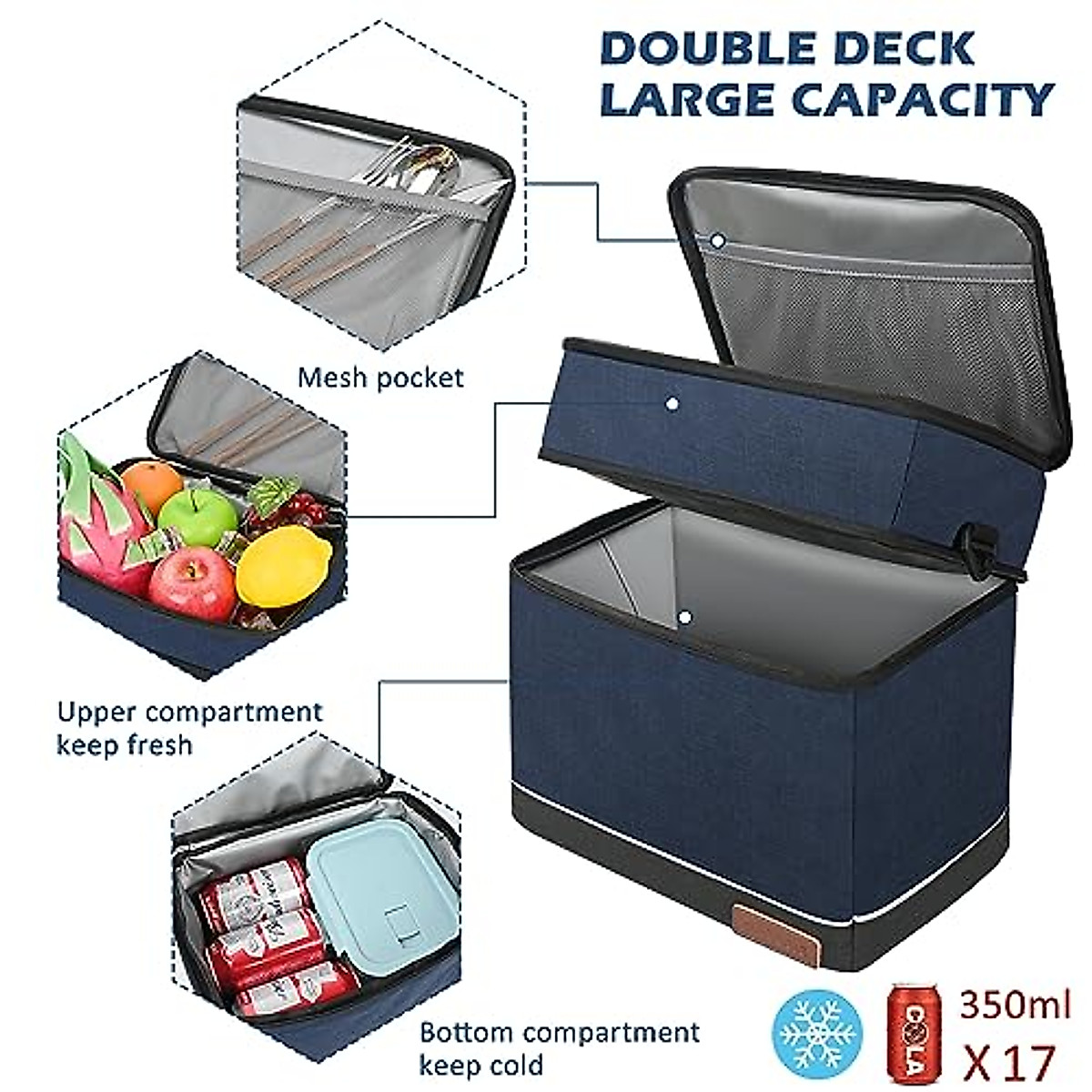 MIYCOO Insulated Lunch Bag for Women Men Leakproof Double Deck Lunch Box Soft Large Lunch bags Cooler Bag Blue