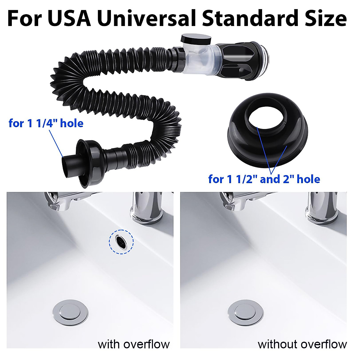Bathroom Sink Drain Kit P Trap Bathroom Sink - Anti-Odor Flexible Expandable Sink Drain Pipe Snappy Trap with Built in Anti-clogging Stopper for 1-1/4'' & 1-1/2'' Drain Hole or RV Sink Drain