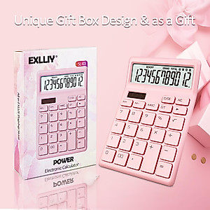 Exlliy Desk Calculator 12 Digit,Pink Desktop Dual Power Battery and Solar,Desk Calculators with Large LCD Display,Perfect for Home, Office,and School Use,Auto Sleep