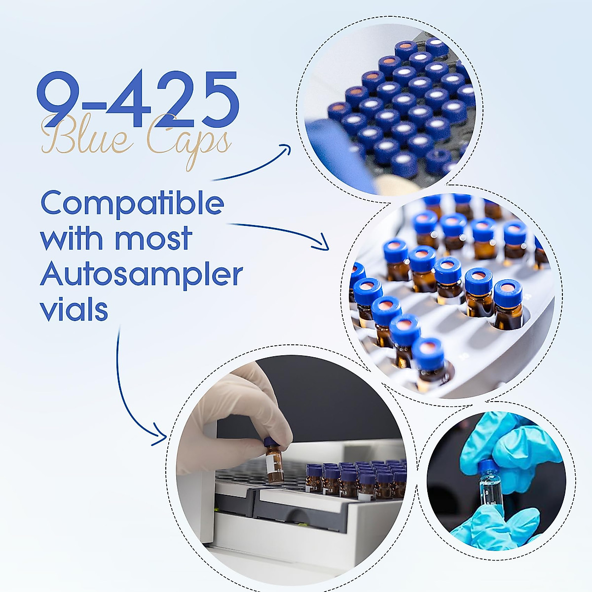 ALWSCI HPLC Pre-Slit 9-425 Screw Thread Vial Blue Caps, 9 mm, Blue PTFE/White Silicone Septa, 100 pcs/pk
