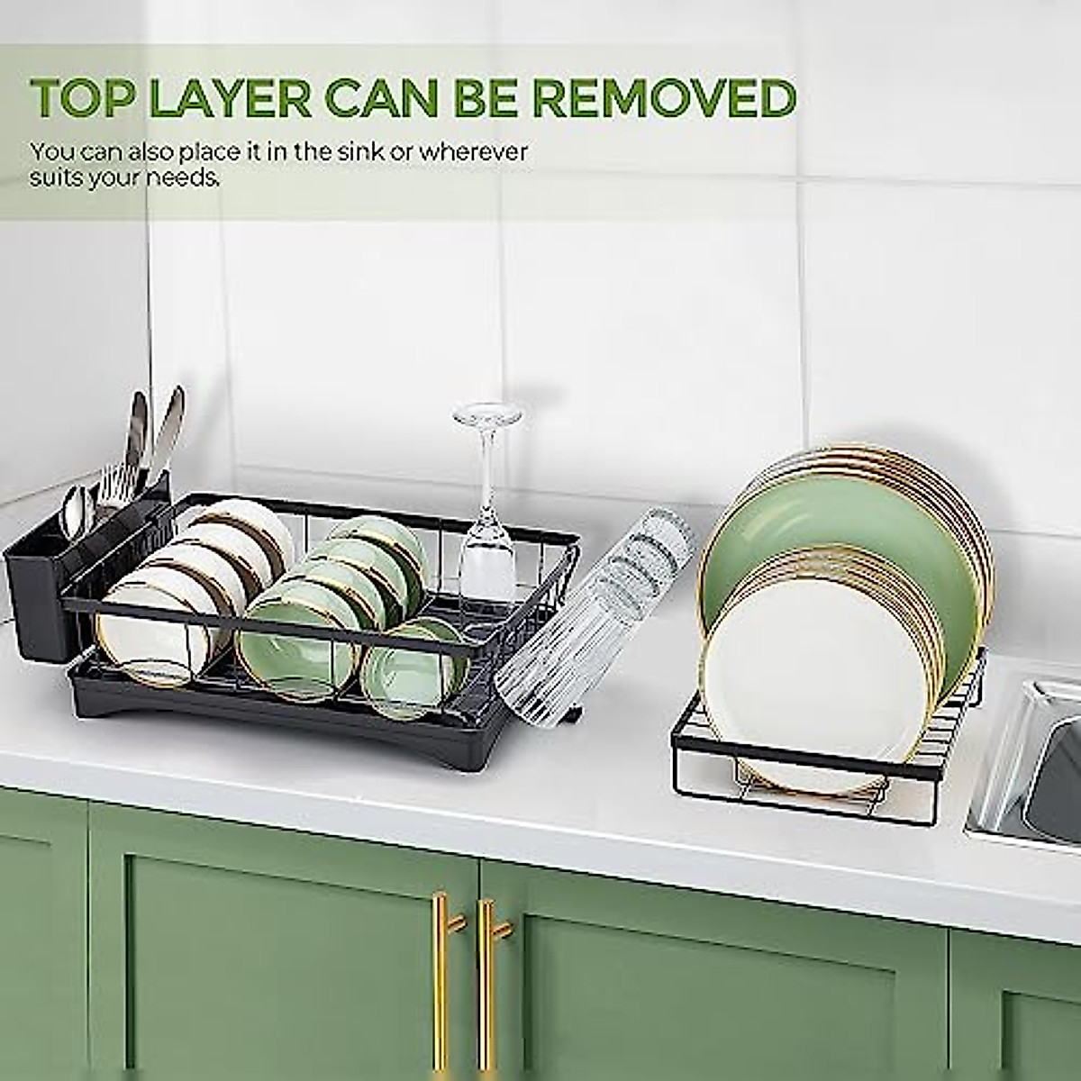 Dish Drying Rack, Dish Rack for Kitchen Counter, Over Sink Dish Drying Rack with Drain Board, 2-Tier Large Capacity Dish Drainer Organizer Shelf with Utensil Holder, Wine Glass Holder - Black