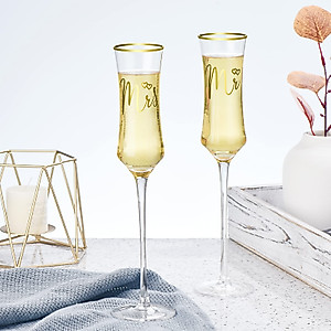 ROXBURGH Champagne Flutes Glasses Set of 2, Hand Blown Crystal Wedding Toasting Flutes for Bride and Groom, Long Stem Mr and Mrs Champagne Glasses for Wedding Engagement Anniversary Christmas Gifts