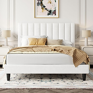 Allewie Queen Bed Frame/Velvet Upholstered Bed Frame with Vertical Channel Tufted Headboard/Strong Wooden Slats/Platform Bed Frame/Mattress Foundation/Box Spring Optional/Easy Assembly/White