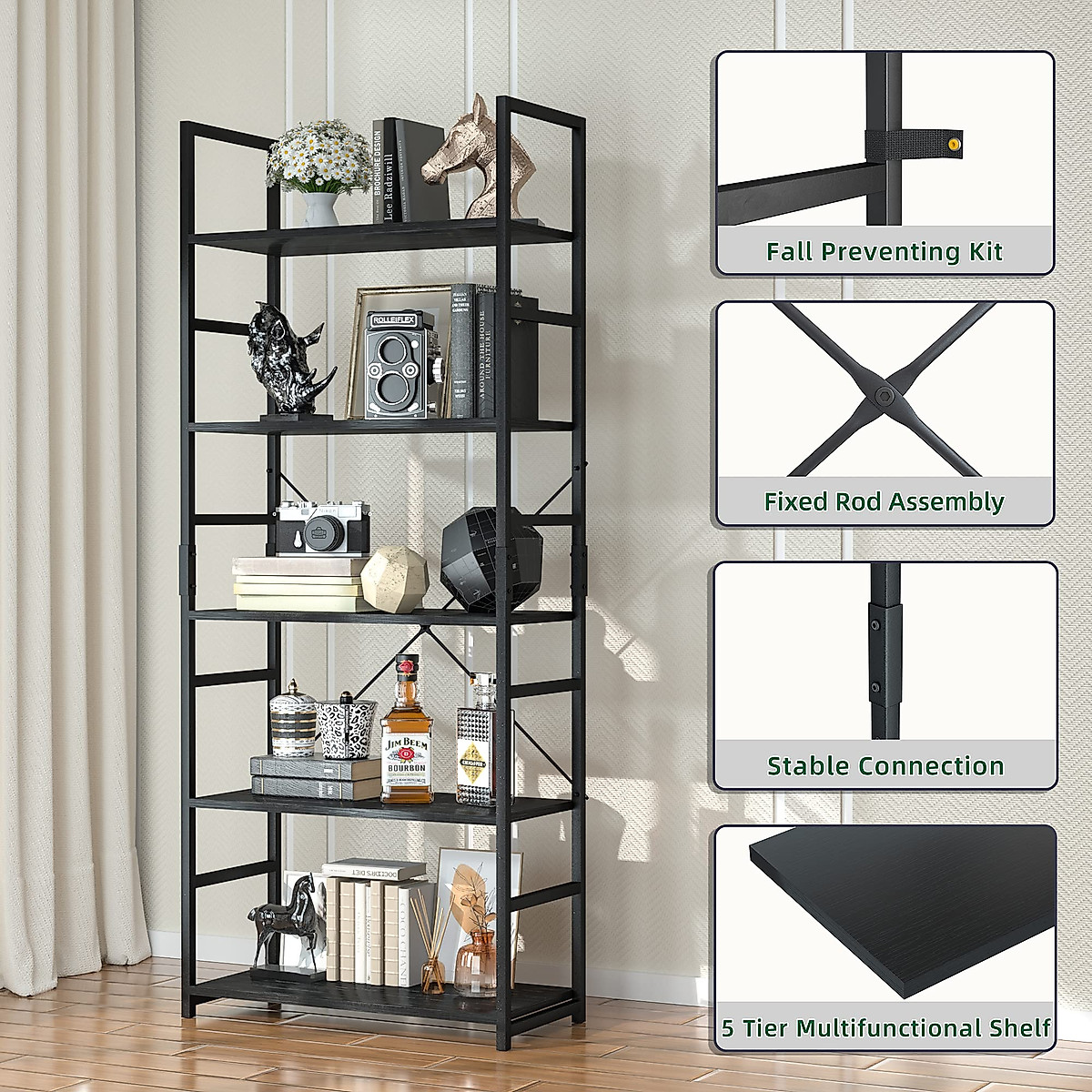 OTK 5 Tier Bookshelf, Tall Bookcase, Office Shelf Storage Organizer, Modern Book Shelf for Living Room, Bedroom, and Home Office, Black