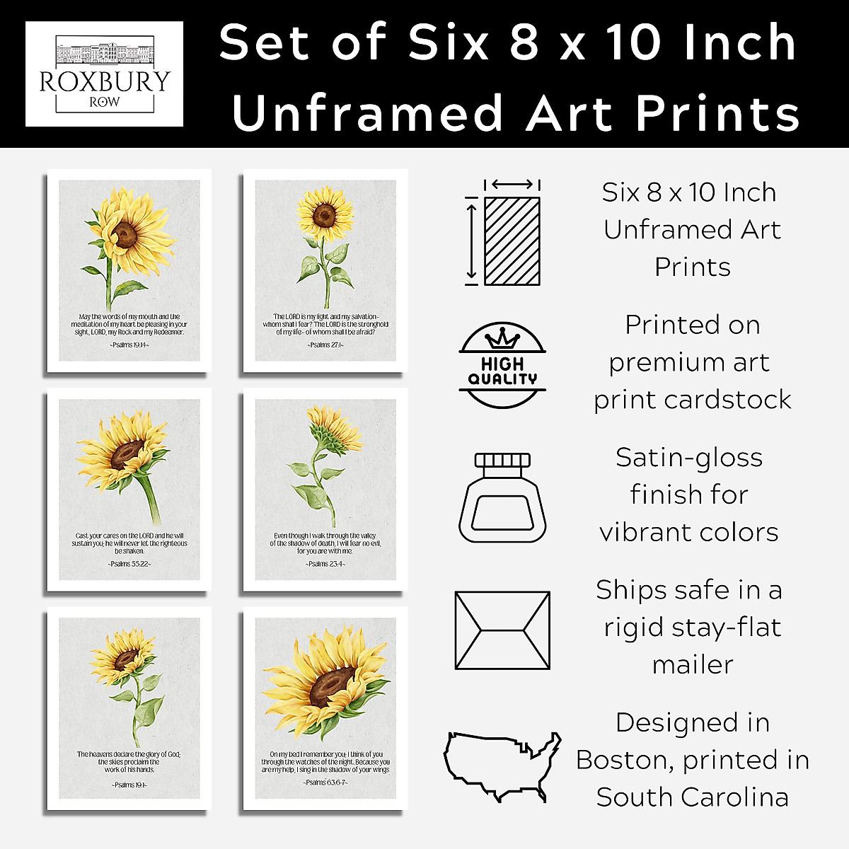 Roxbury Row Bible Verses Wall Decor, Scripture Wall Art, Christian Decor, Biblical Wall Decor, Christian Art Gifts, Scripture Posters, Modern Farmhouse Decor, Sunflower Decor (6 8x10 Unframed Prints)