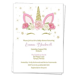 Unicorn Baby Shower Invitations Magical Birthday Party Pink Gold Mystical Glitter Sparkle Custom Printed Cards (12 count)