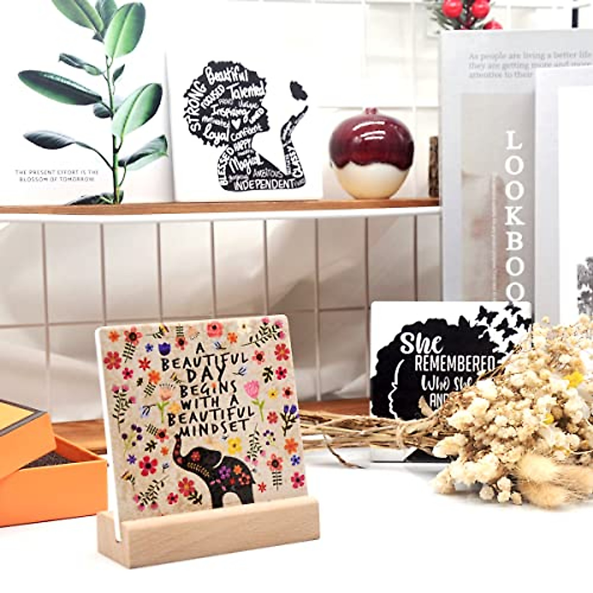 Inspirational Quotes Desk Decor Gifts For Women Girls Friends-Motivational Sign Ceramic Plaque With Wooden Stand-Cheer Up Gifts For Friends Women (beautiful day)