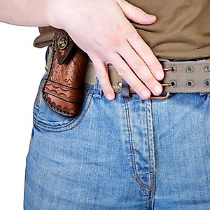 MiOYOOW 4.7" Pocket Knife Pouch, Carved Folding Knife Holster Horizontal/Vertical Leather Knife Holder for Camping Hunting Jungle Exploration