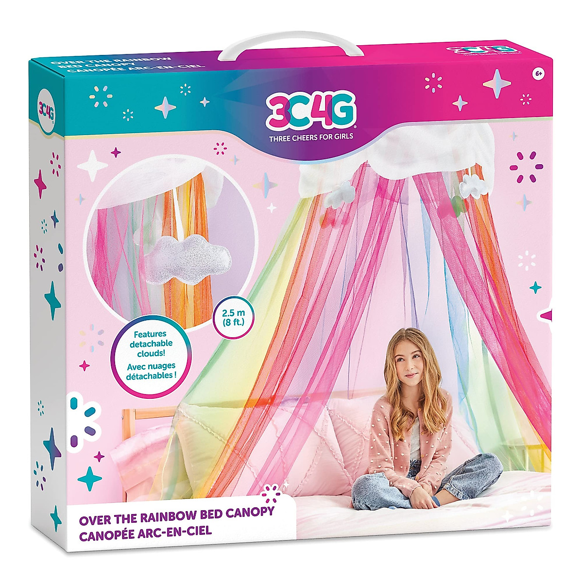 3C4G Three Cheers for Girls - Rainbow Bright Canopy - Rainbow Bed Canopy for Girls - Hanging Net Canopy for Beds, Chairs & Reading Corners - 8’ Height & 24’ Diameter Hoop - for Ages 6+